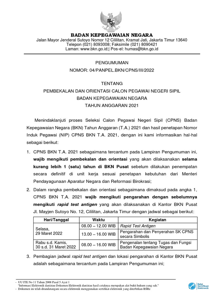 Orientasi CPNS BKN 2021: Jadwal dan Ketentuan | PDF