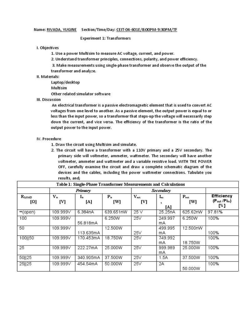 Table 1: Single-Phase Transformer Measurements and Calculations R ( ) V ...