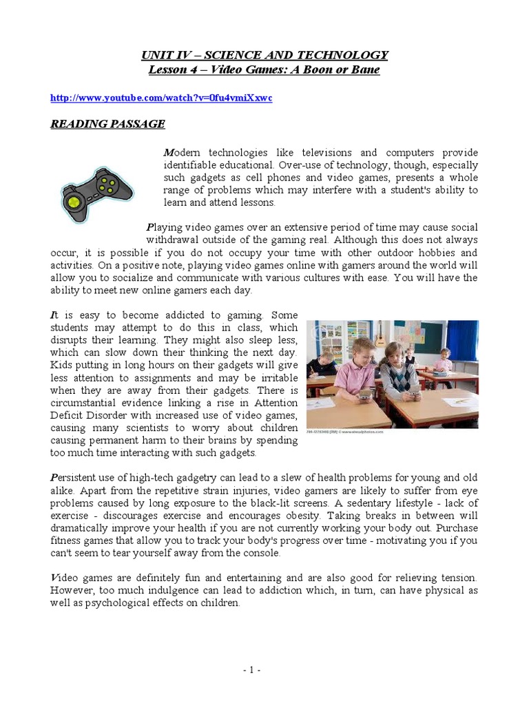 Unit Iv - Science and Technology Lesson 4 - Video Games: A Boon or Bane ...