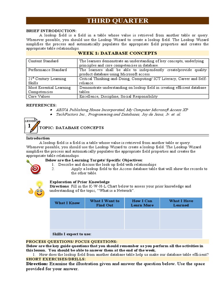 Third Quarter: Week 1: Database Concepts | PDF | Databases | Microsoft Access
