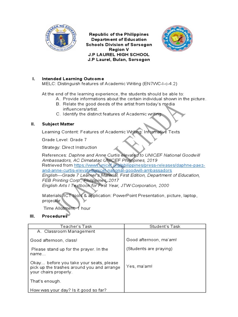 Academic Writing Lesson Plan | PDF