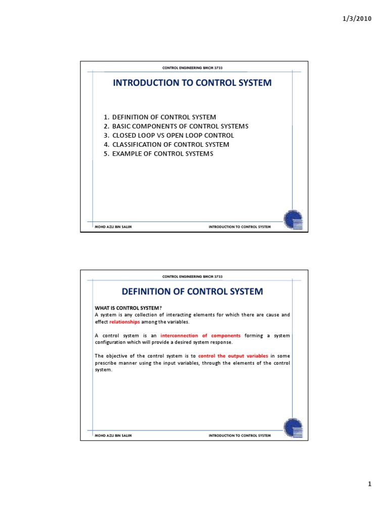 W1 - Introduction of Control System | PDF | Control Theory | Control System