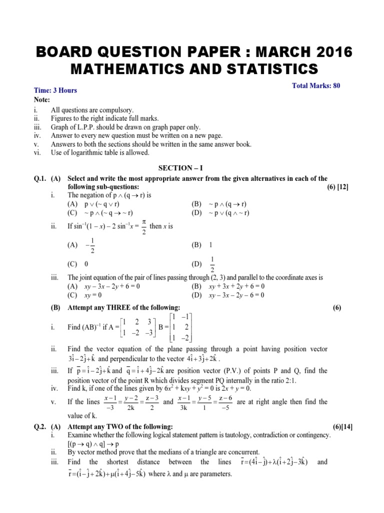 Maharashtra Board HSC Mathematics Question Paper 2016 | PDF ...