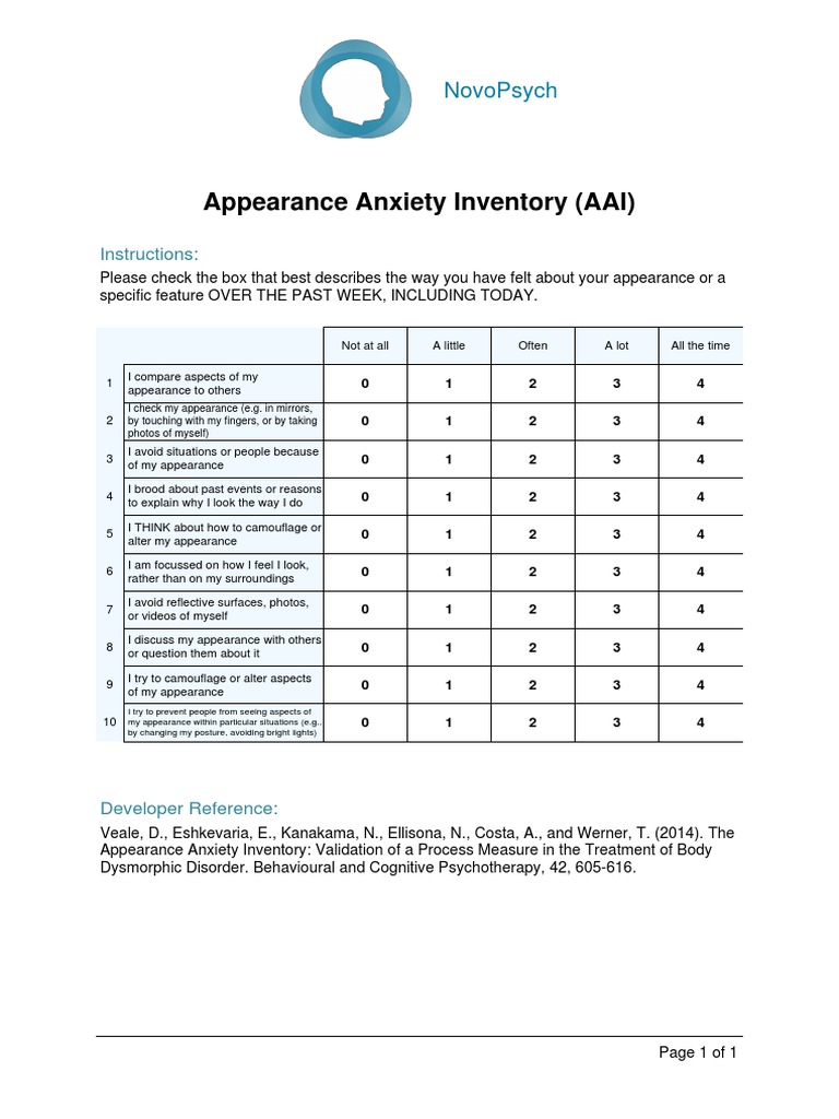 Appearance Anxiety Inventory AAI PDF | PDF | Anxiety | Psychological ...