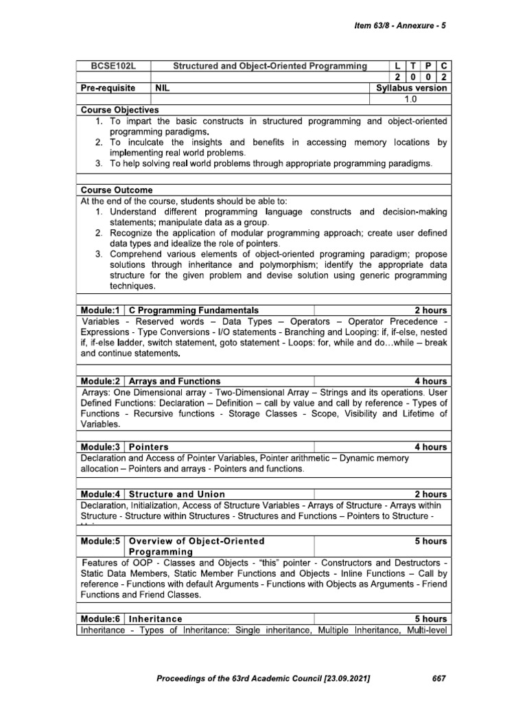 Bcse102l Structured-And-object-Oriented-programming TH 1.0 67 Bcse102l 63 Acp | PDF