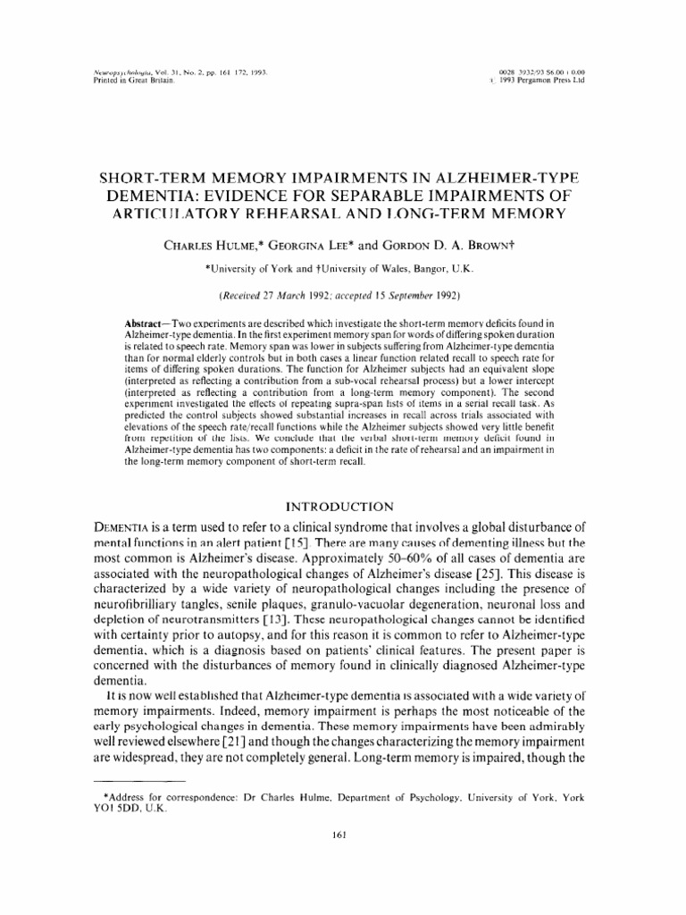 Short Term Memory Impairments in Alzheimer's Type Dementia | PDF ...