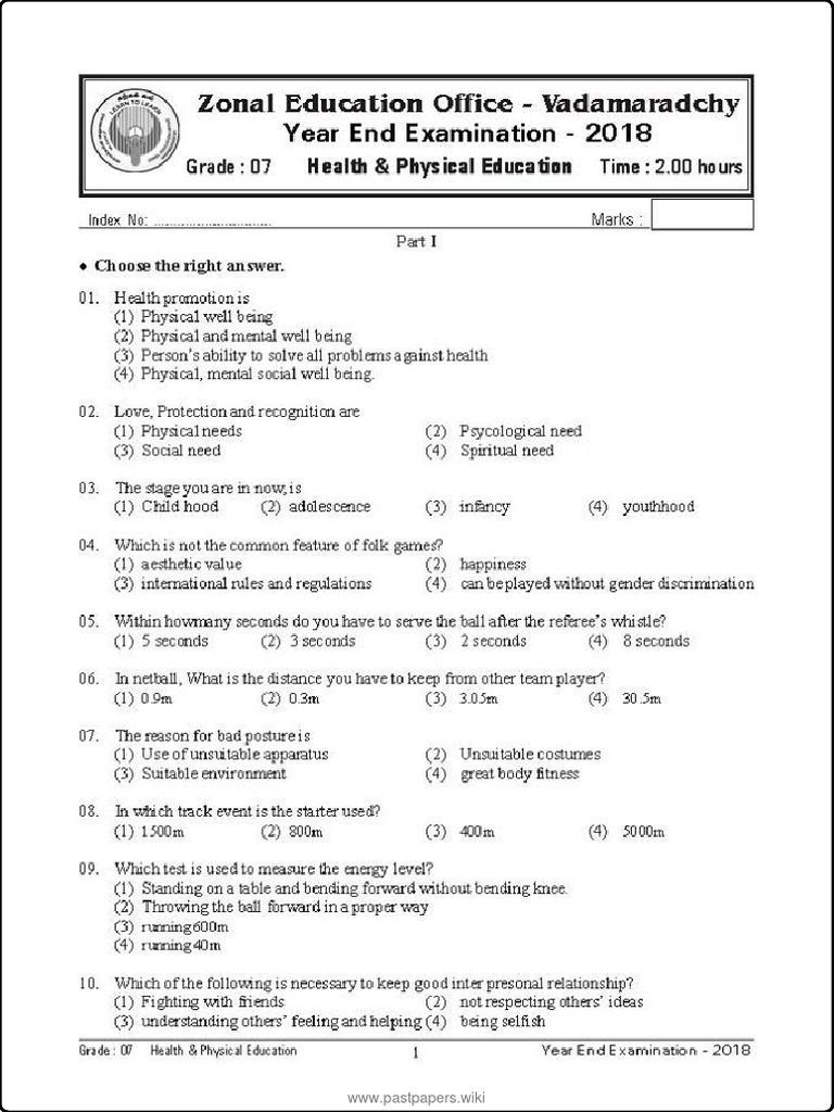 Grade 7 Health Englisn Medium 2018 3rd Term | PDF