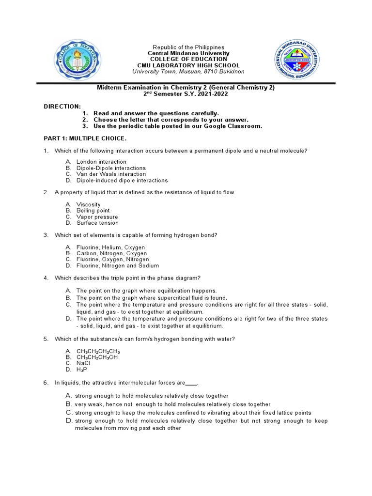 General Chem-2 Midterm Exam Questionnaires | PDF | Solubility | Intermolecular Force