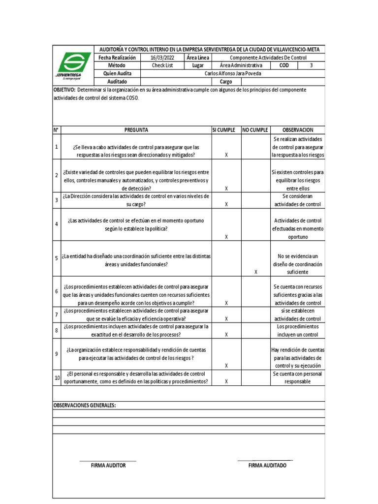 Check List Servientrega - Componente Actividades de Control | PDF ...