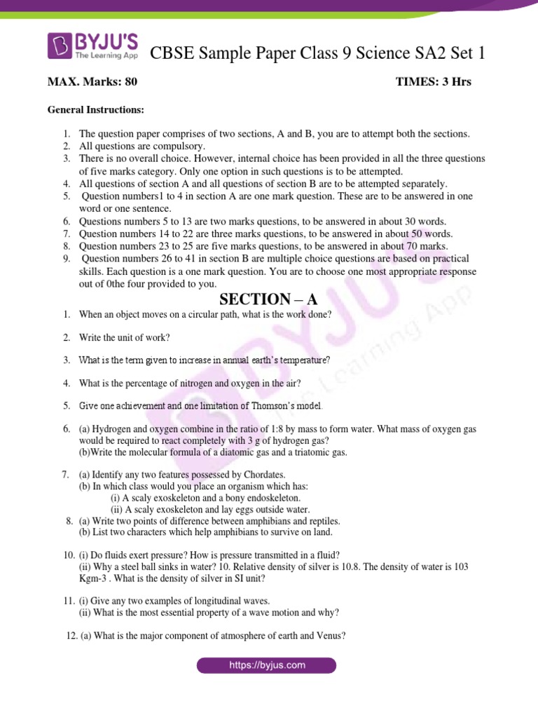CBSE Sample Paper Class 9 Science SA2 Set 1 | PDF | Water | Reflection ...