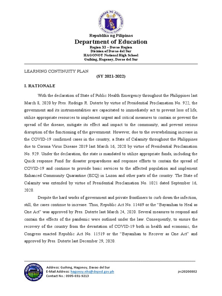 Hagonoy NHS Enhanced Learning Continuity Plan SY 2021 2022 | PDF