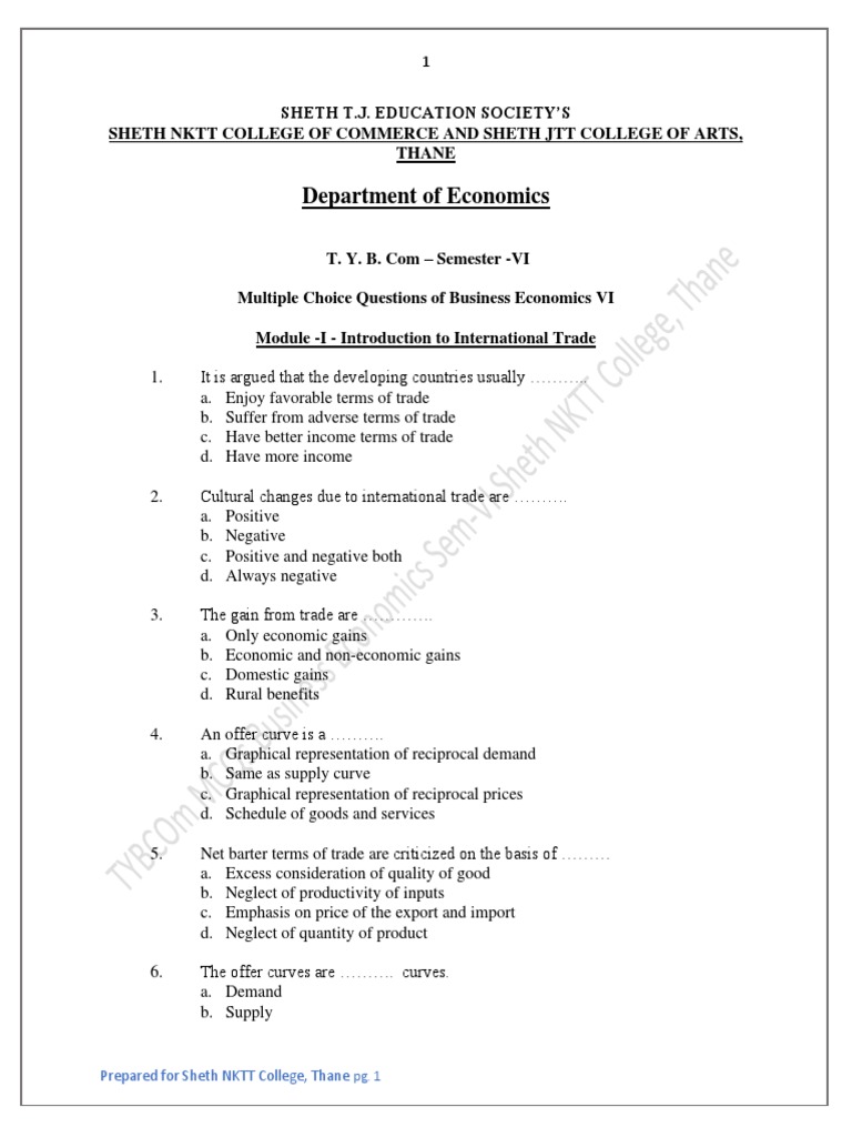 TYBCOM - Sem VI - MCQs of Business Economics VI | PDF | Balance Of ...