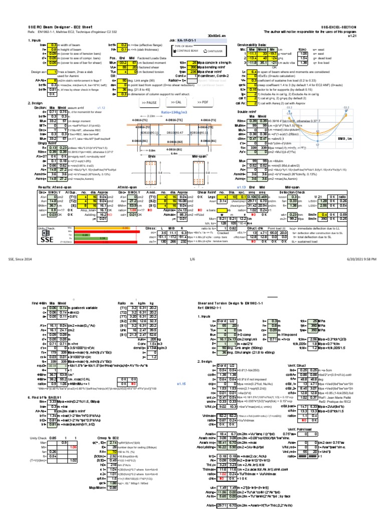 SSE RC Beam Designer EC2 Sheet v1.21 | PDF | Beam (Structure) | Continuum Mechanics