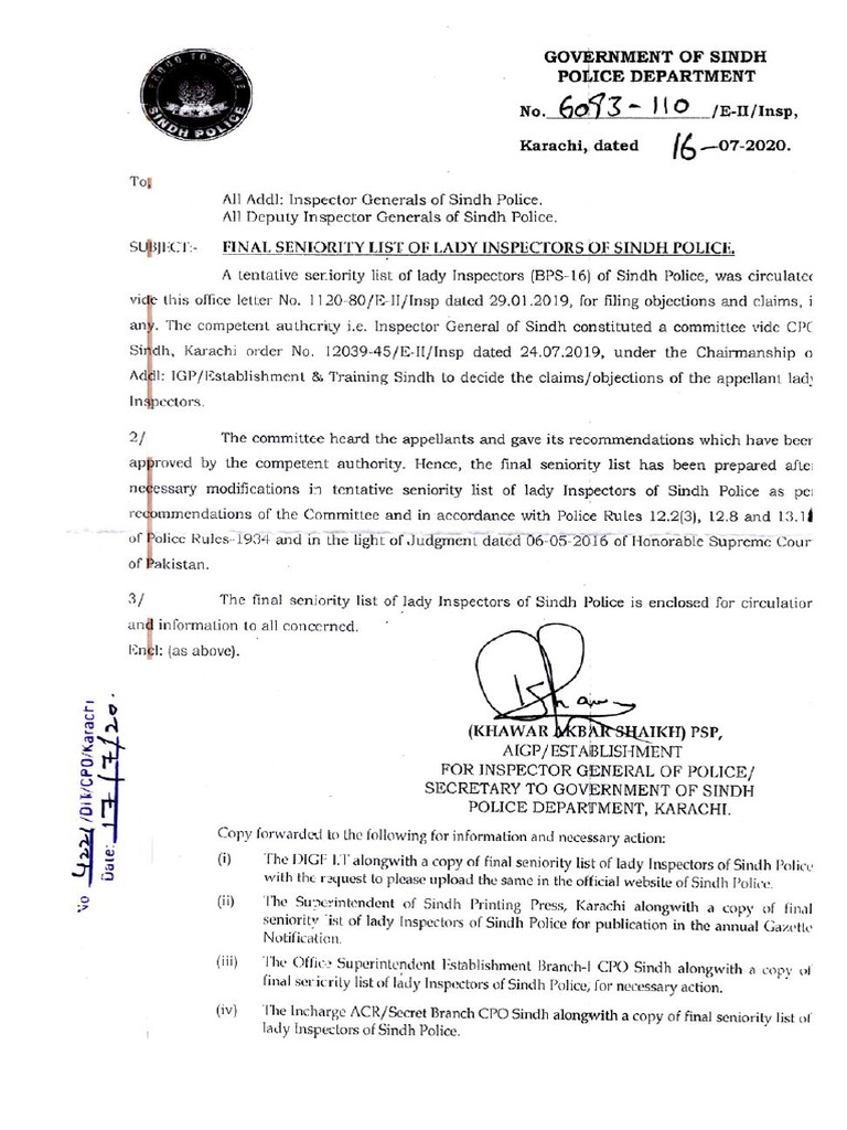 Final Seniority List of Lady Inspectors of Sindh Police (AIG Estt ...