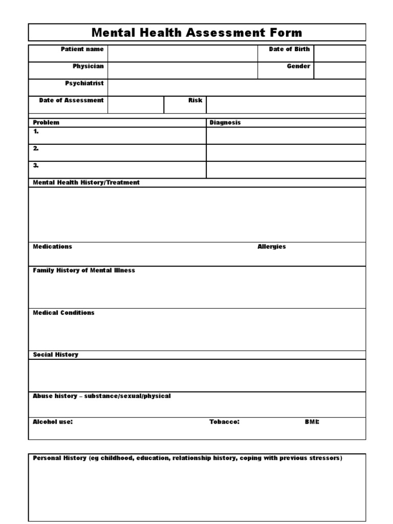 Mental Health Assessment Form Template | PDF | Mental Disorder | Major ...