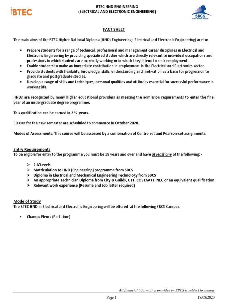HND Electrical and Electronic Engineering Fact Sheet 2020 1 | PDF ...