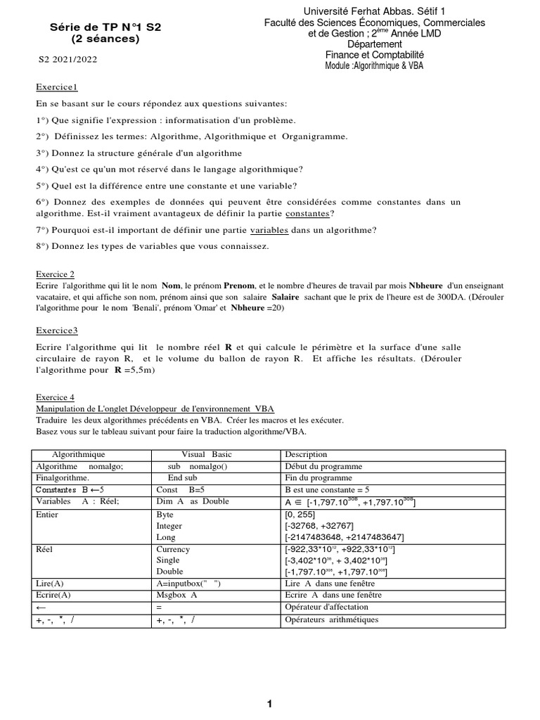 Série de TP N°1 S2 (2 Séances) | PDF