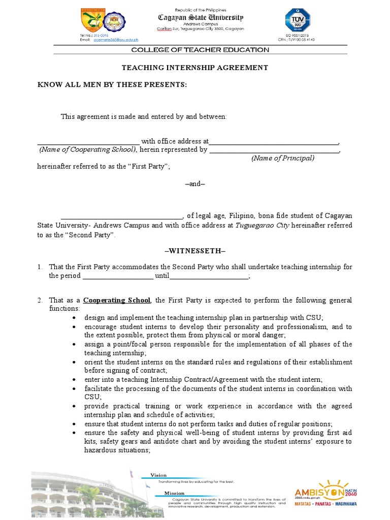 Teaching Internship Agreement | PDF | Teachers | Internship