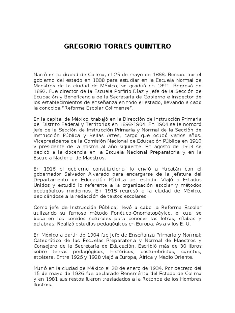 Vida y legado de Gregorio Torres Quintero | PDF
