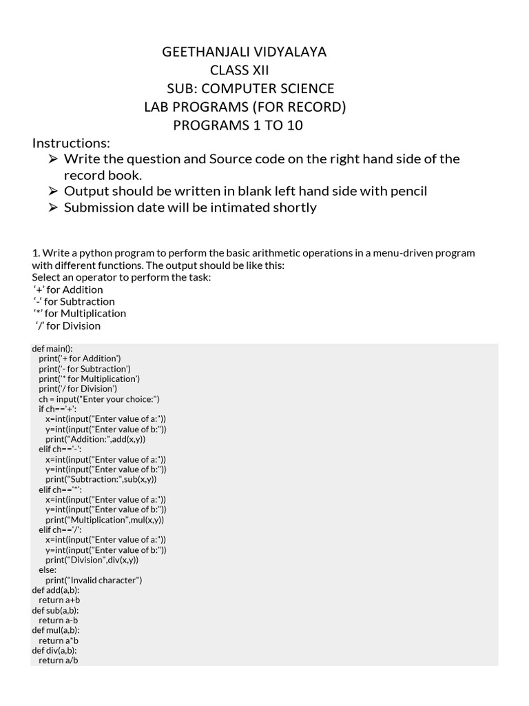 Geethanjali Vidyalaya Class Xii Sub: Computer Science Lab Programs (For ...