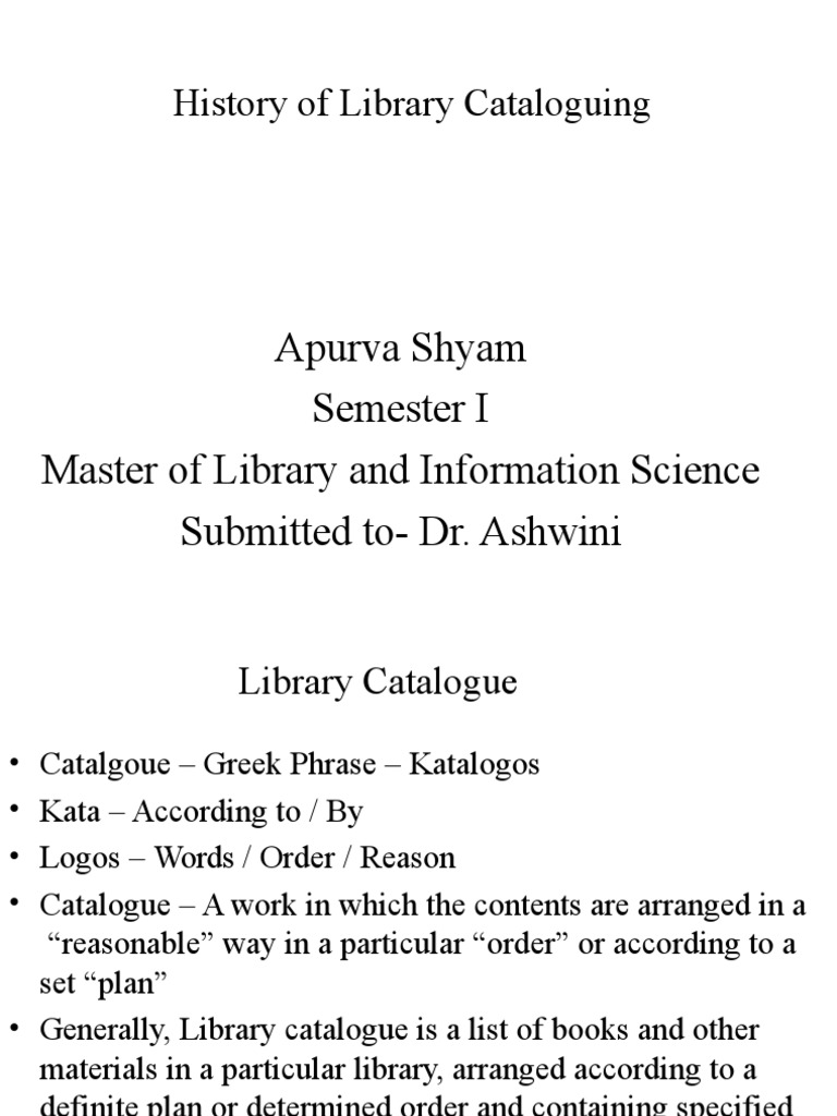 History of Cataloguing Codes | PDF | Bibliography | Libraries