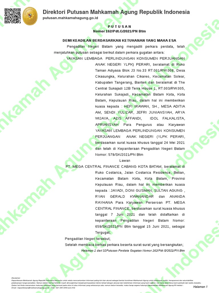 Putusan 162 PDT.G 2021 PN BTM 20220207 | PDF