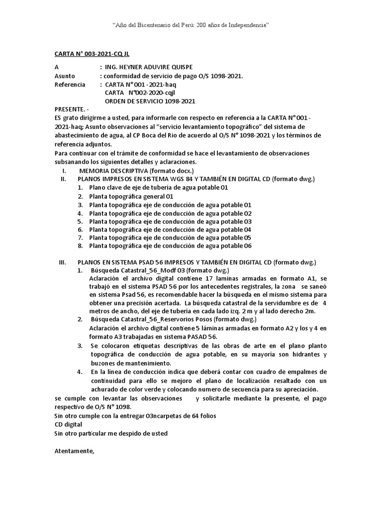 CARTA N. 002 Subsanacion | PDF