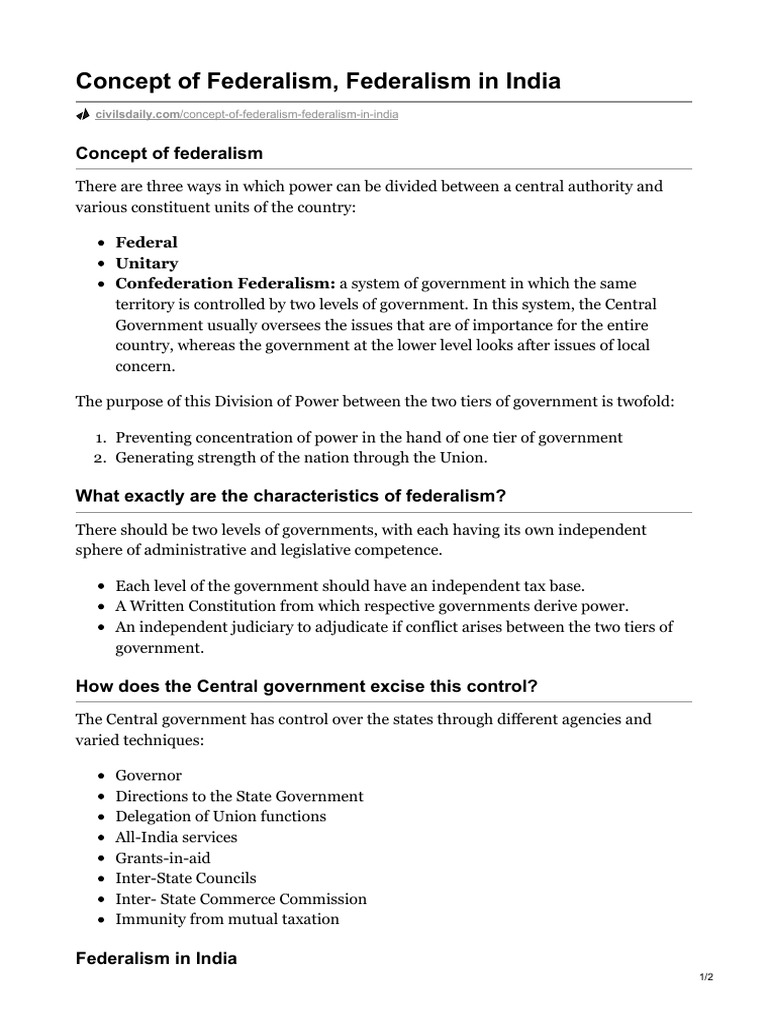 Concept of Federalism Federalism in India | PDF | Federation | Federalism