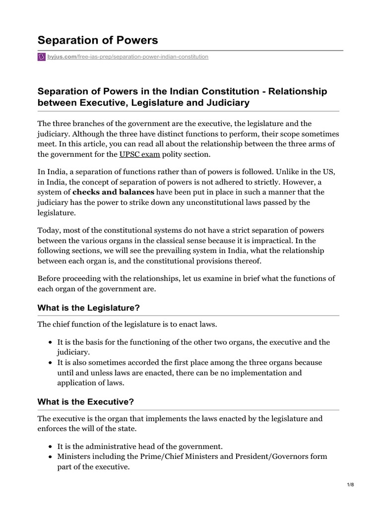 Separation Of Powers In Indian Constitution