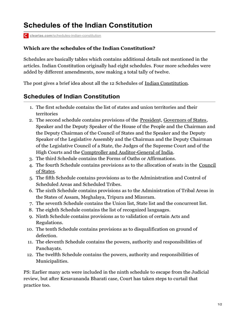 Schedules of The Indian Constitution | PDF