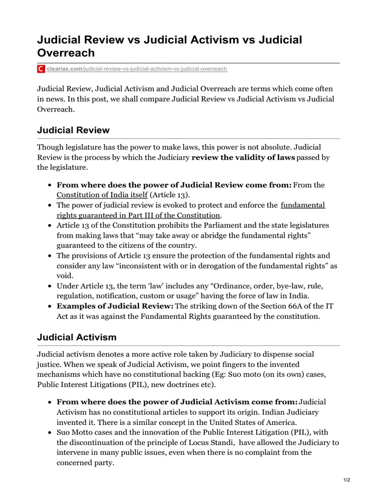 Judicial Review Vs Judicial Activism Vs Judicial Overreach | PDF | Judiciaries | Judicial Review