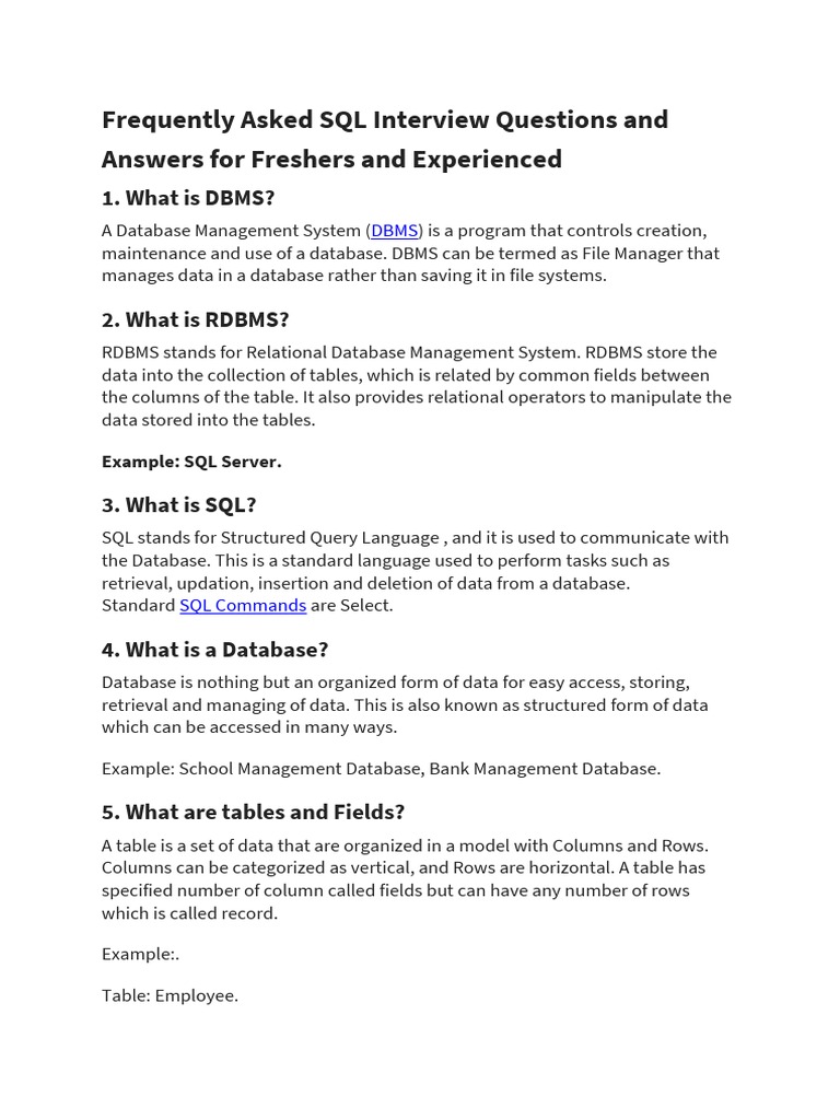 Frequently Asked Sql Interview Questions And Answers For Freshers And Experienced Pdf