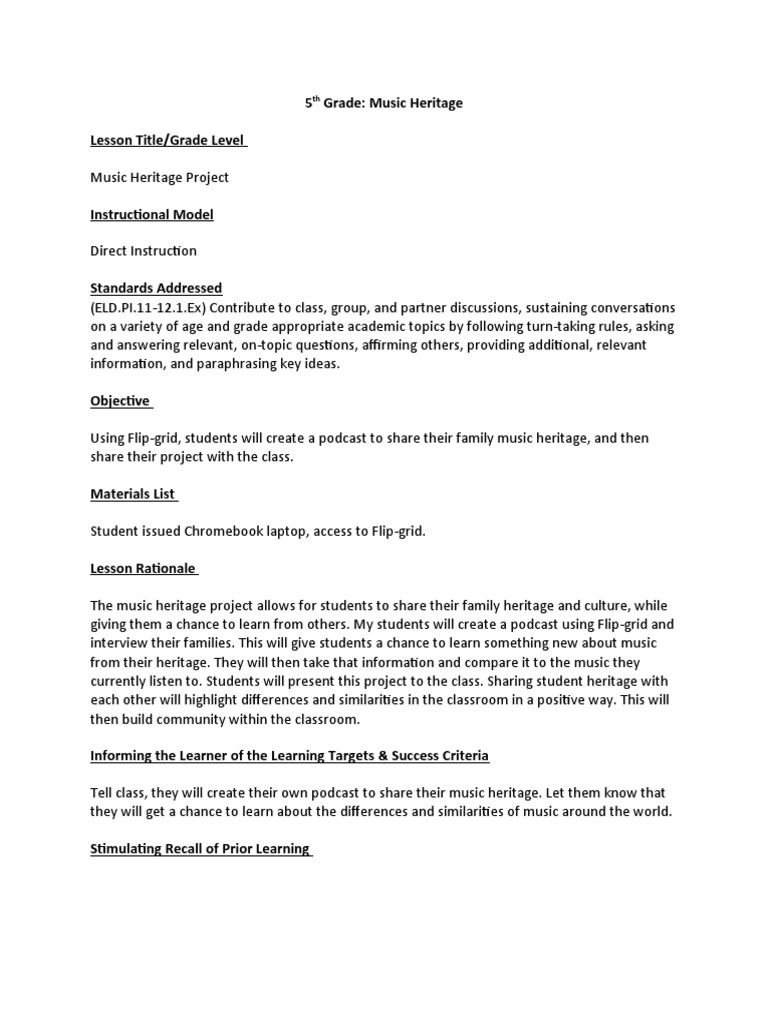 Music Heritage Lesson Plan | PDF | Cognition | Learning