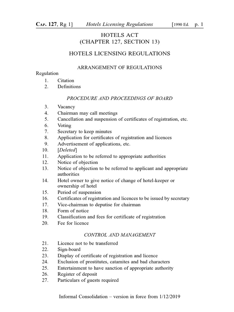 Hotels Act (Chapter 127, Section 13) Hotels Licensing Regulations | PDF ...