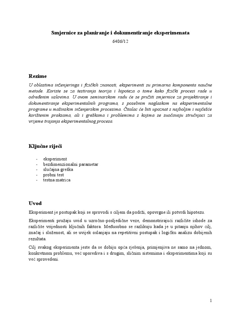 Smjernice Za Planiranje I Dokumentiranje Eksperimenata | PDF