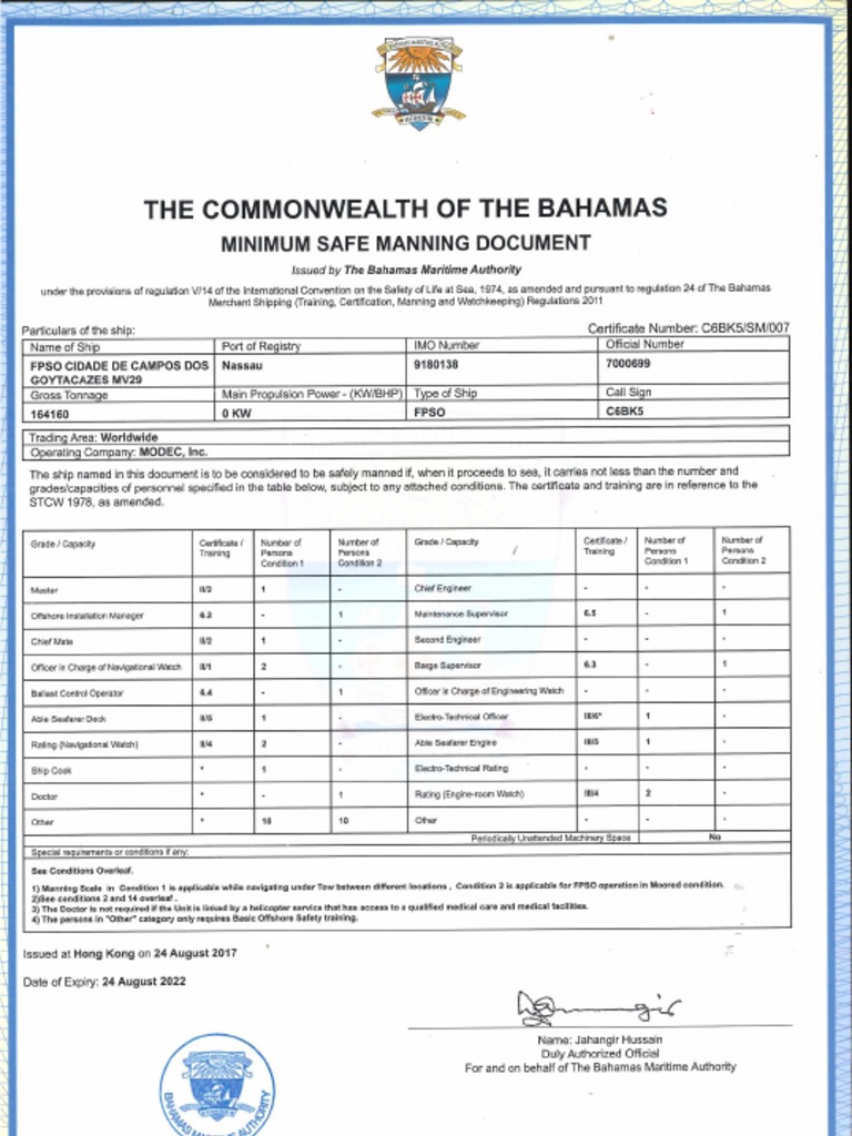 Bahamas Minimum Safe Manning Certificate | PDF