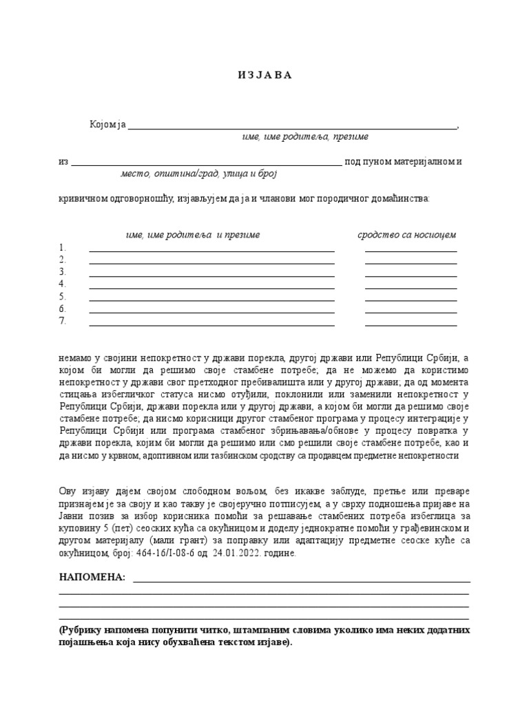 QyQNfv0ybr9. Izjava Podnosioca Prijave o Ne Posedovanju Nepokretnosti | PDF