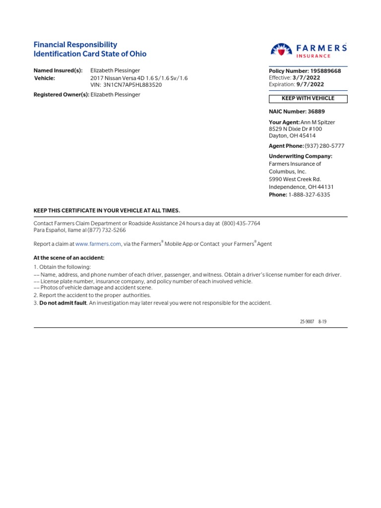 Financial Responsibility Identification Card State of Ohio | PDF ...