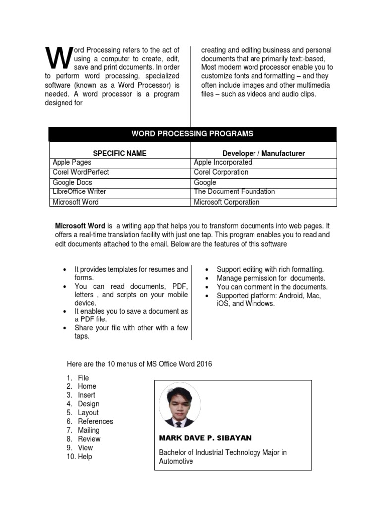 Word Processing Programs: Specific Name Developer / Manufacturer | PDF ...