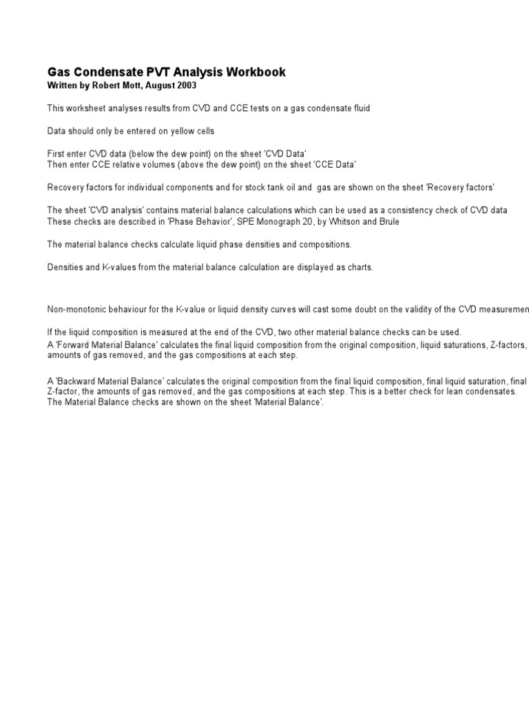 Gas Condensate PVT Analysis Workbook: Written by Robert Mott, August ...