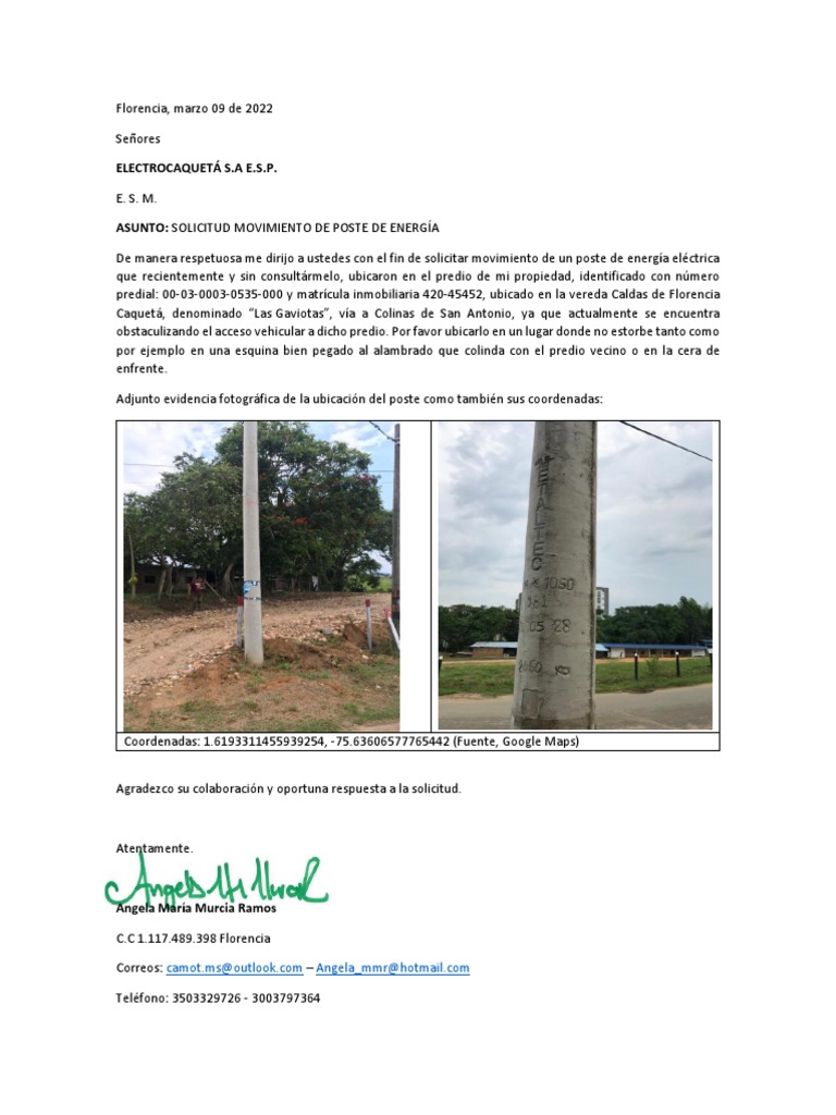 Carta Solicitud Movimiento Poste Energía | PDF