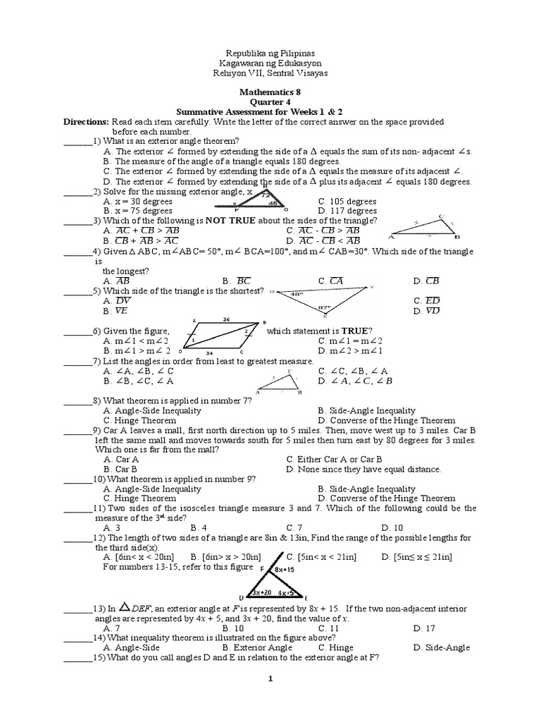 Math 8 Summative Assessment Q4 | PDF | Triangle | Angle