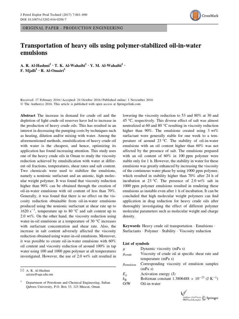 Transportation of Heavy Oils Using | PDF | Emulsion | Viscosity