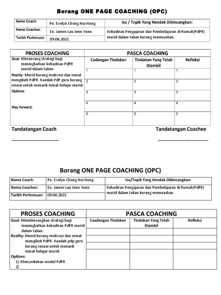 Borang ONE PAGE COACHING | PDF