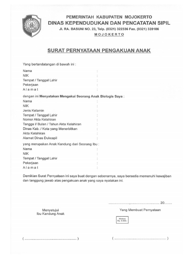 Surat Pernyataan Pengakuan Anak | PDF