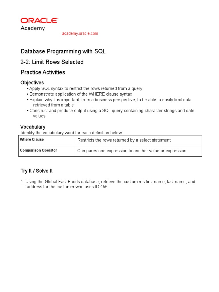 Database Programming With Sql 2 2 Limit Rows Selected Practice Activities Pdf Databases Sql