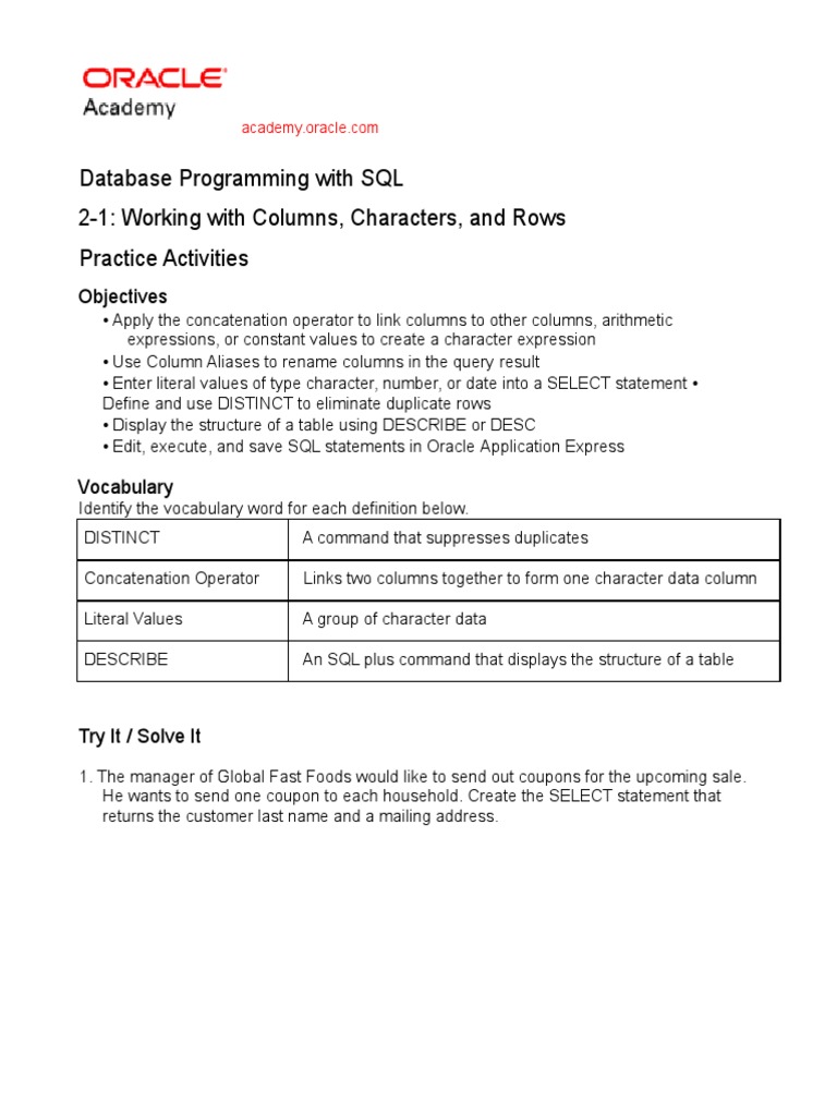 Database Programming With Sql 2 1 Working With Columns Characters And Rows Practice