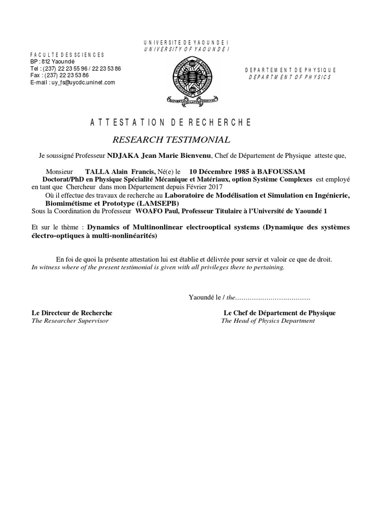 Attestation de recherche de Talla Alain | PDF