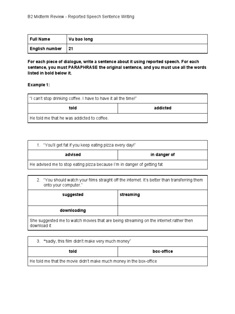B2 Midterm Review - Reported Speech Sentence Writing | PDF