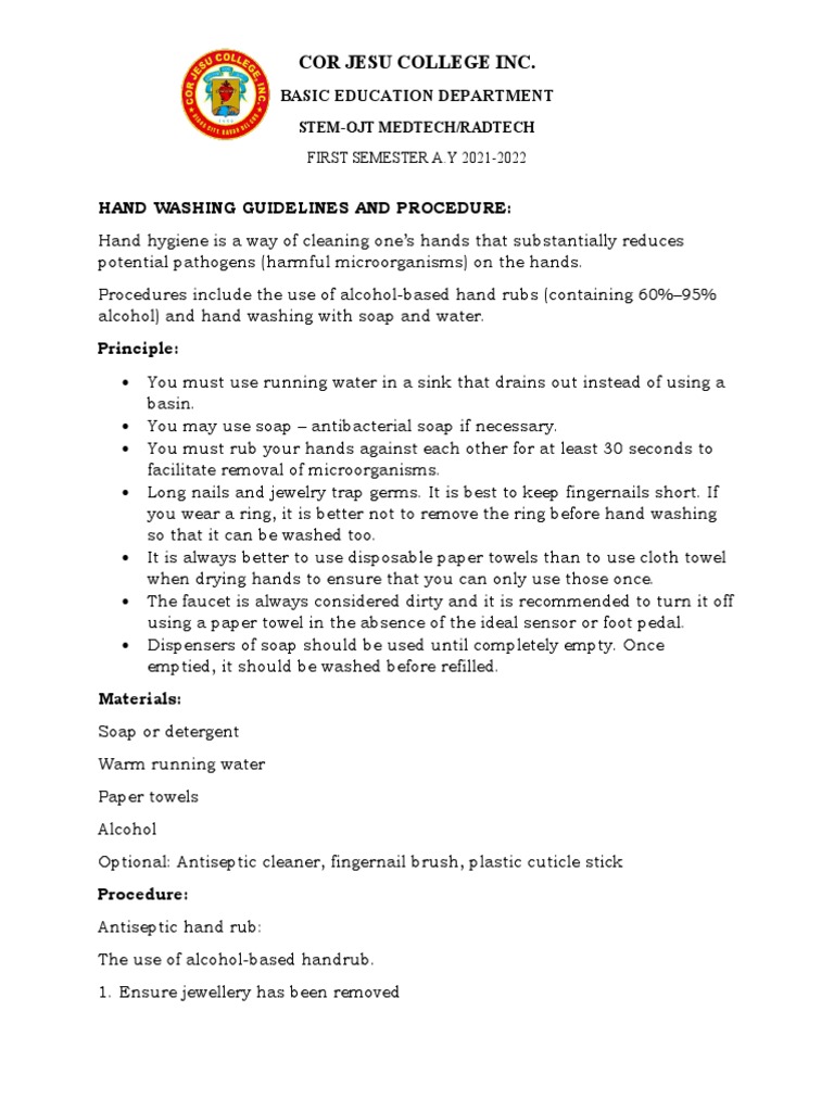 Hand Washing Guidelines, Procedure and Rubrics | PDF | Hand Washing | Hand